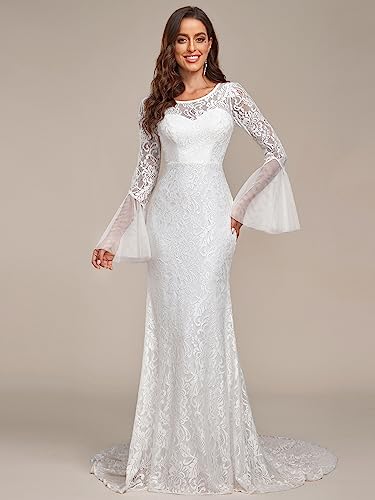 Ever-Pretty Women Custom Curve Charming Open Back Tulle Floor Length Bridal Dress with Long Lace Trian White US30