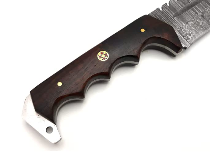 Handmade Damascus steel Hunting Knife with sheath,Fixed blade Bowie knife for Survival, Ergonomic Walnut wood handle | 12-inch Handmade Damascus Horizontal carry knife for men