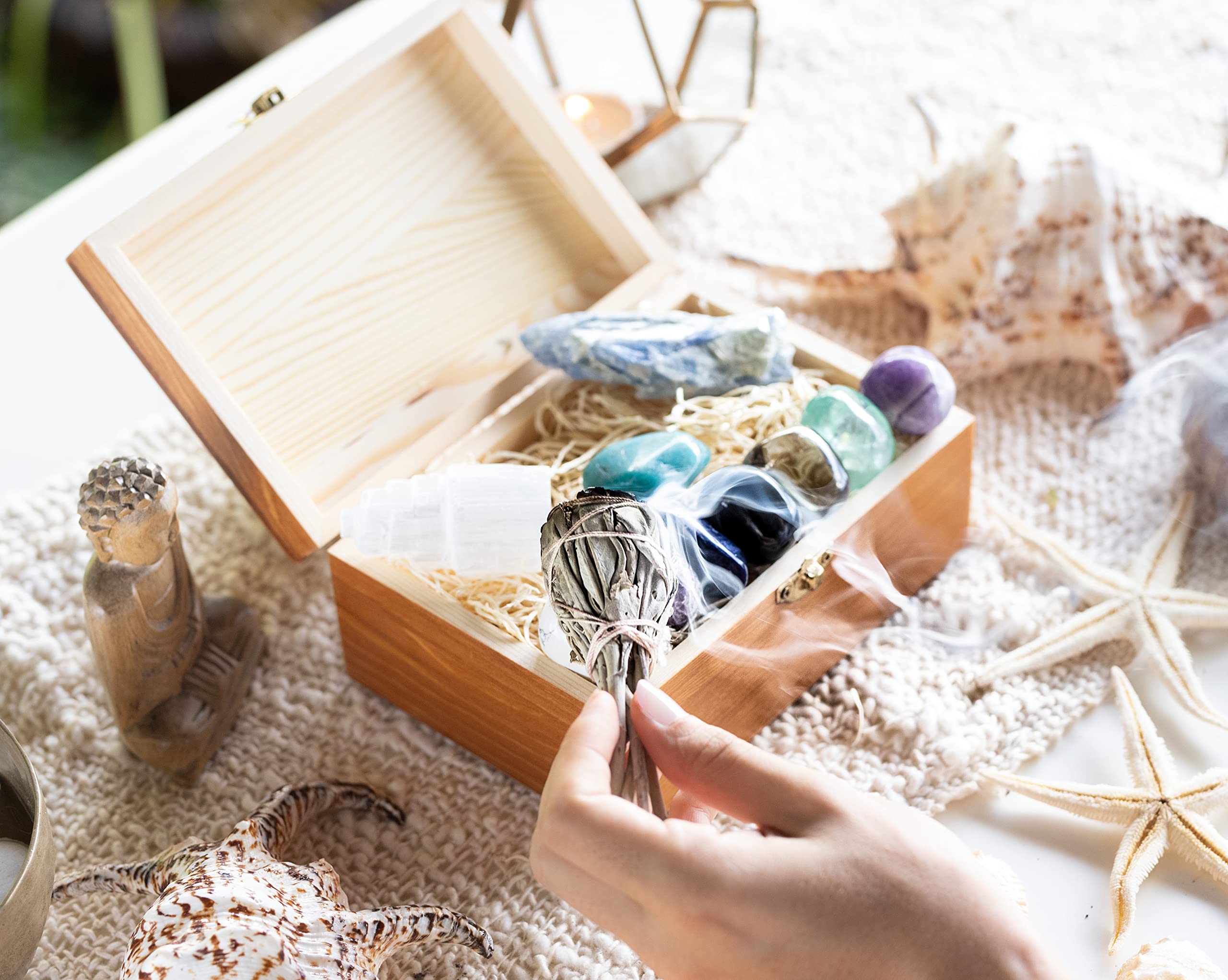 CRYSTALYA Calming Large Sleep Crystals and Healing Stones in Wooden Gift Box + 50pg EBOOK, Stress and Anxiety Relief - Amethyst, Lepidolite, Fluorite, Smoky Quartz, Selenite, Sage, and Info Guide