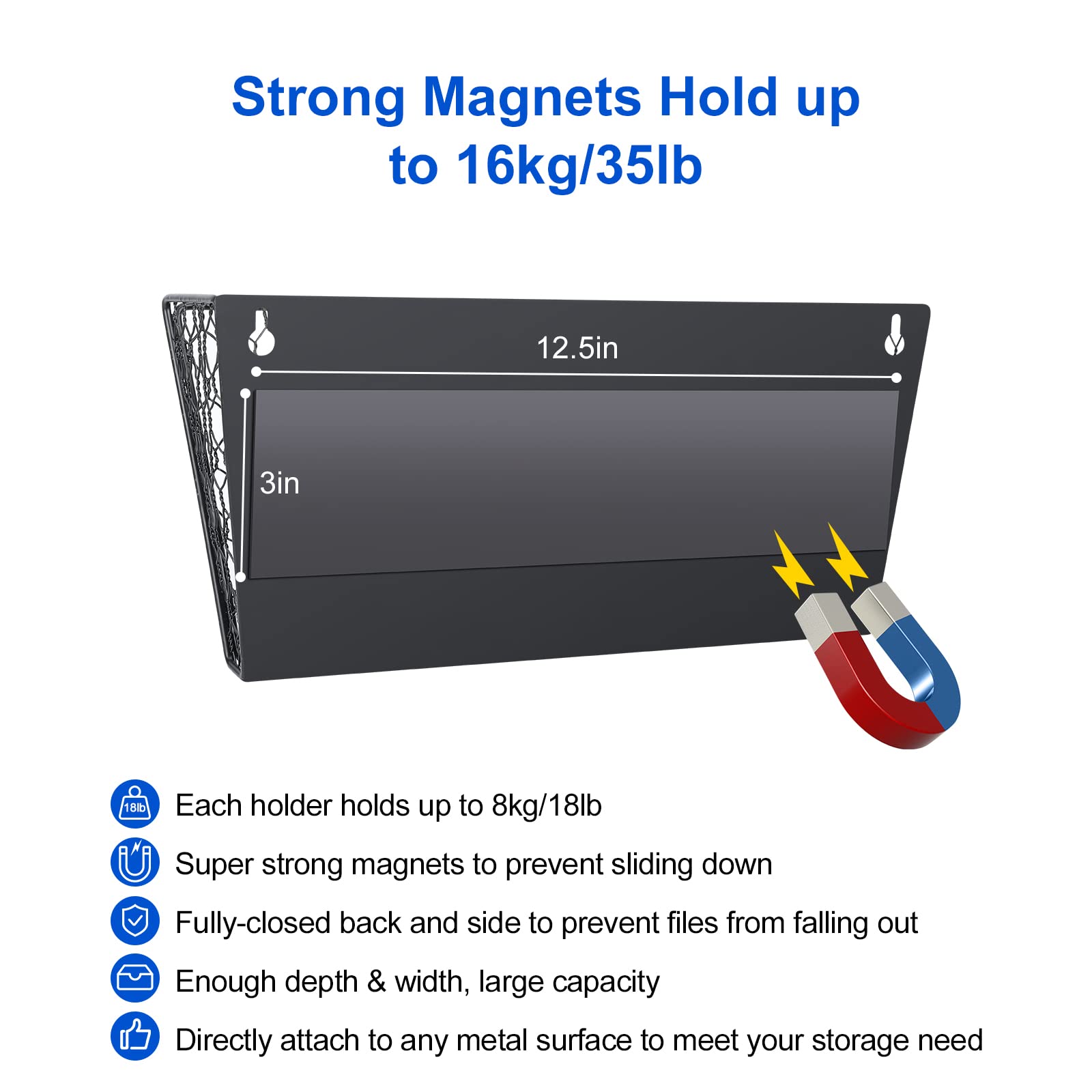 eipizx Magnetic File Holder for File Cabinets - 1 Tier Magnetic File Organizer Black Strong Magnetic Paper Mail Holder Magnetic Folder Holder for File Cabinets, Fridge, Whiteboard(3 Packs)
