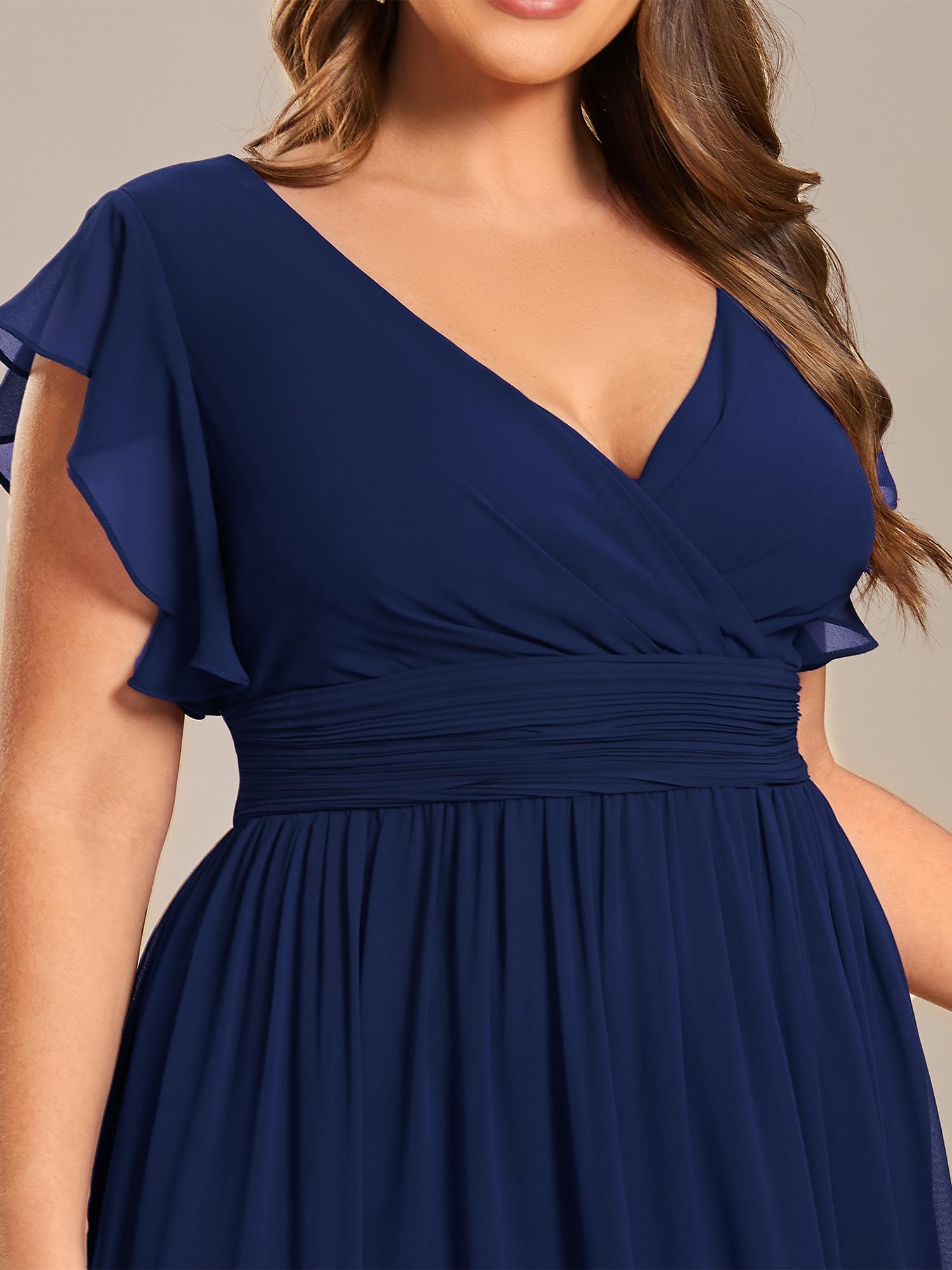 Ever-Pretty Women's Ruched V Neck A-Line Ruffles Sleeves Summer Maxi Plus Size Cocktail Dress Navy Blue US16