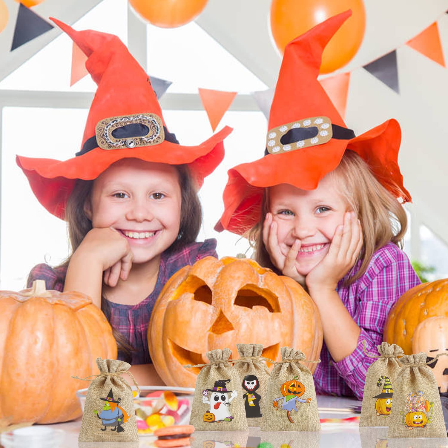 LOKIPA 36 Pcs Halloween Burlap Gift Bags with Drawstring Small Jute Pouches for Kids Adults Party Supplies