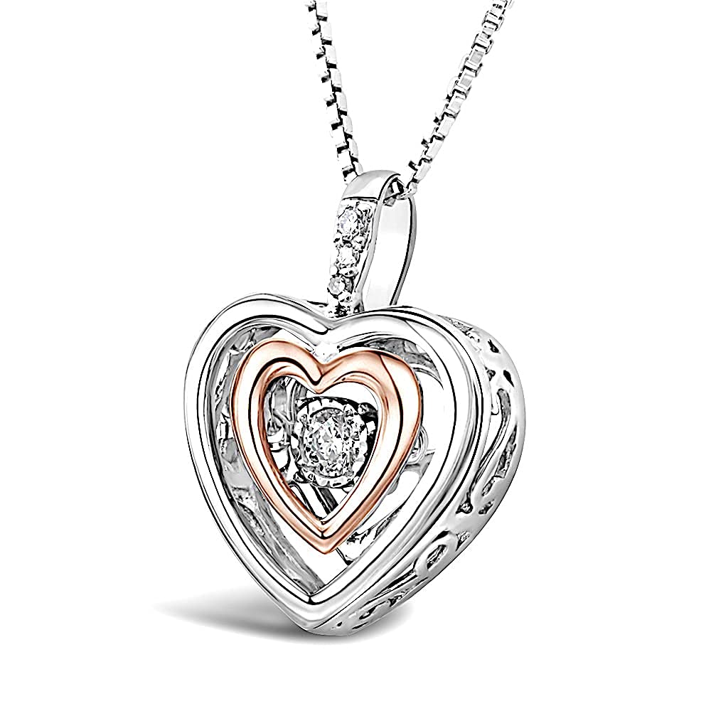 Diamond Heart Necklace in Sterling Silver and 10k Rose Gold - 18 Inch Box Chain