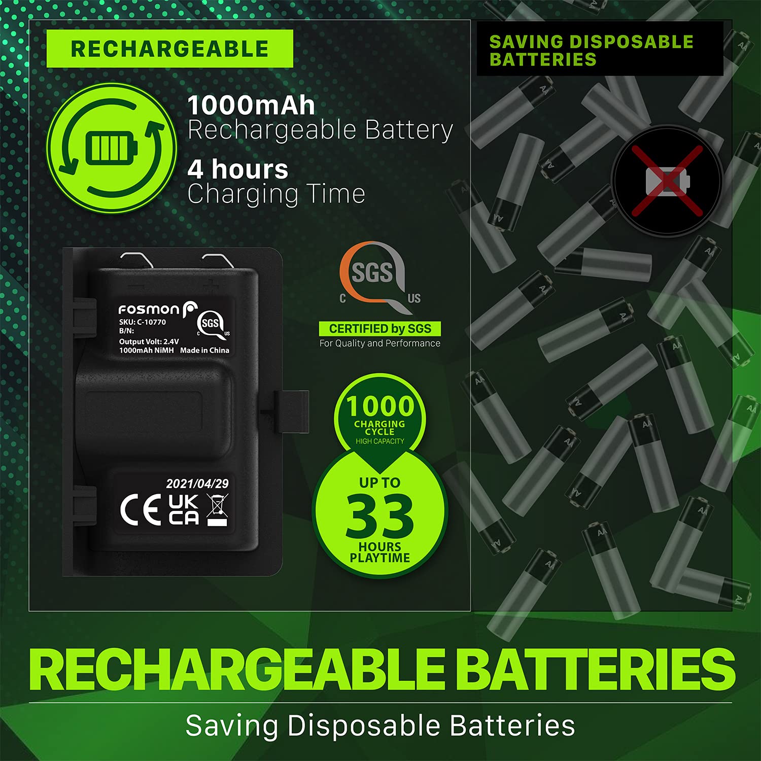 Fosmon Rechargeable Battery Pack Compatible with Xbox Series X/S Controllers (Not for Xbox One / 360) Controller (2 Pack), Works with Fosmon Charging Dock C-10765/C-10769/C-10773/C-10774 - White