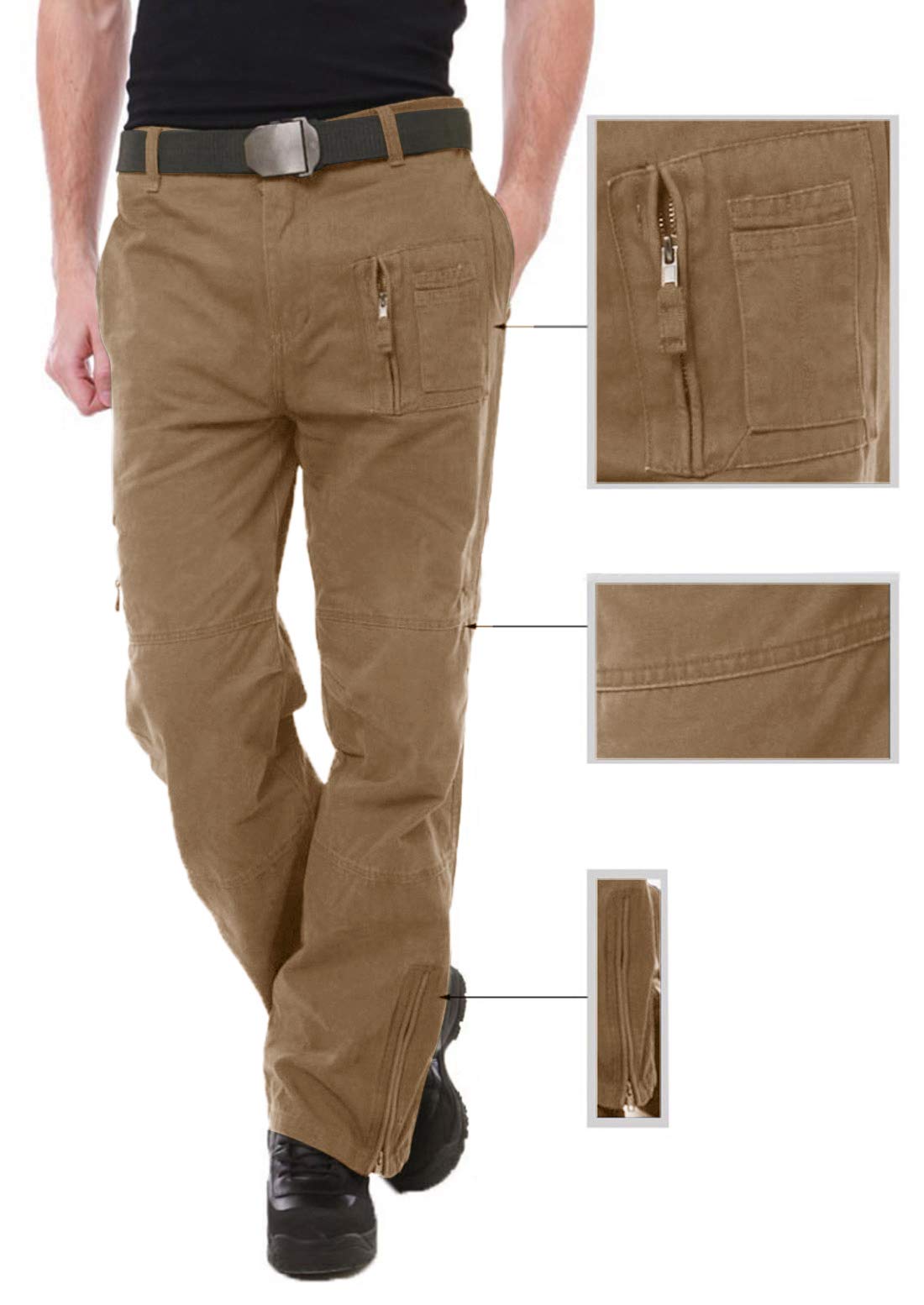 CRYSULLY Men's Winter Cotton Casual Sport Hiking Army Cargo Wild Combat Multi Pockets Work Trousers Wolf Brown