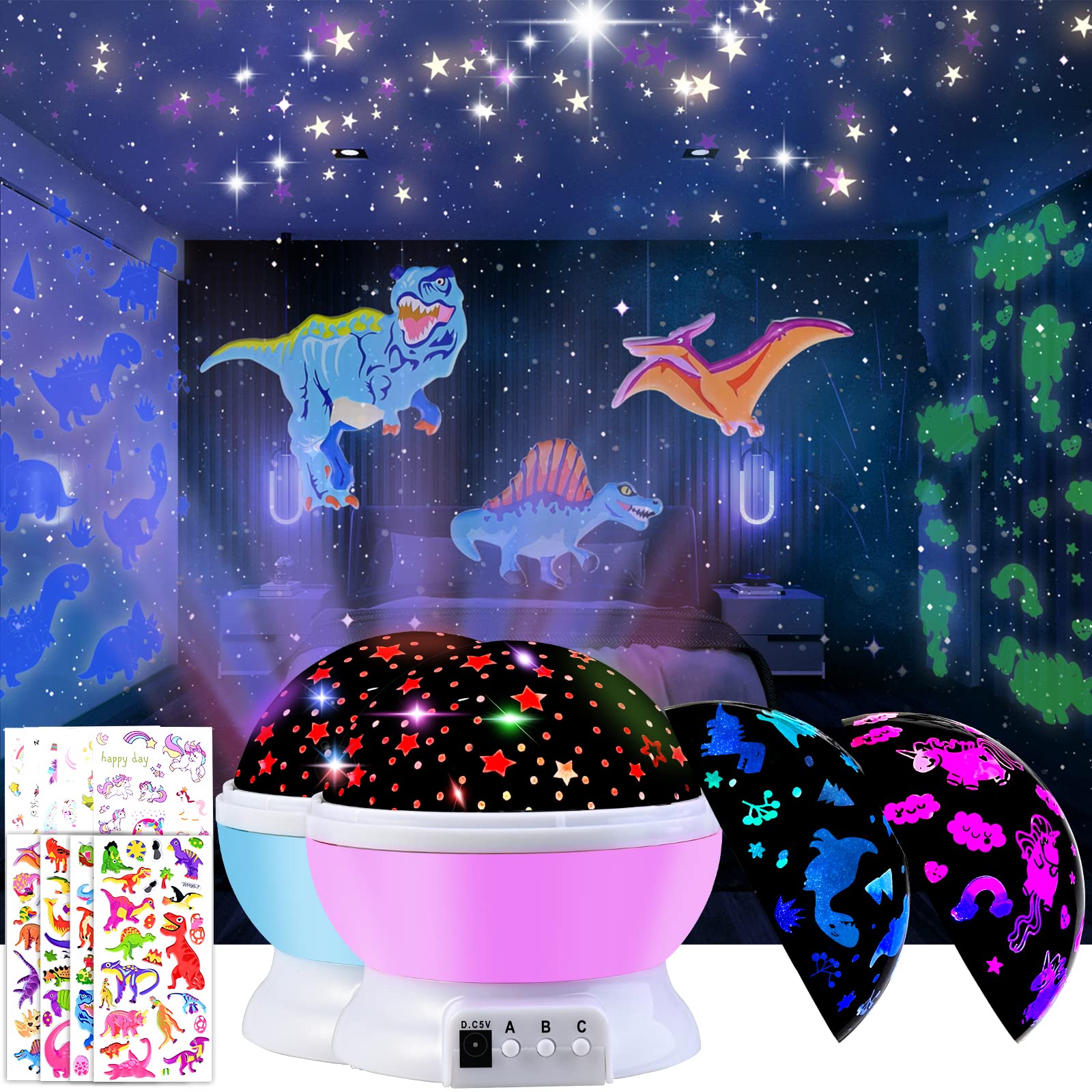 GOLDGE 2 pcs Night Lights for Kids Room 4.1X3.8 inch, Dinosaur Unicorn Toys- Pink & Blue