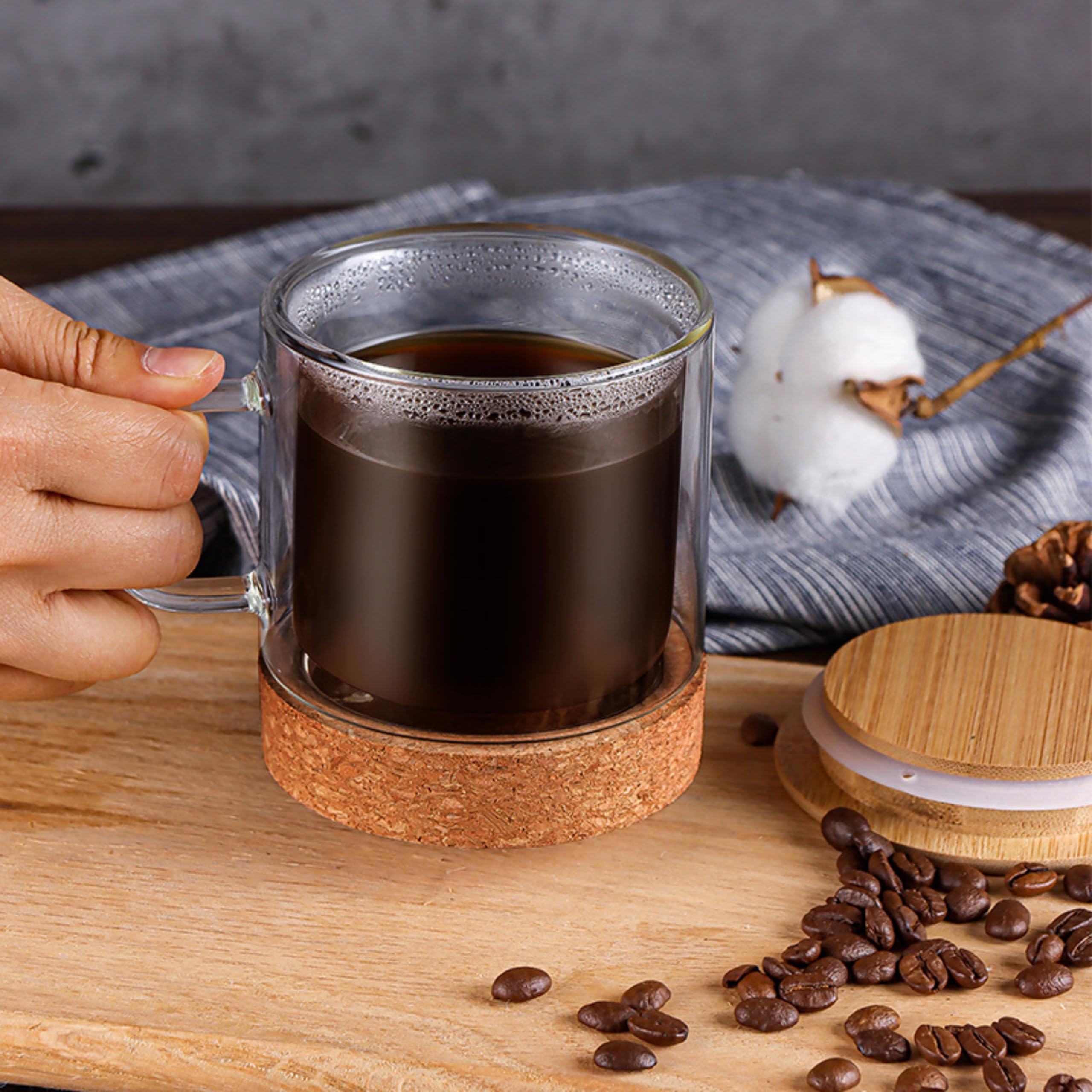 GOOD ROSS. Coffee clear mug 250ML. Borosilicate Glass. Double wall insulation, Cork bottom. Spill Proof bamboo Lid. Microwave, Dishwasher Safe. Lightweight