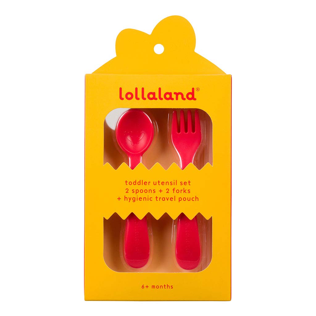 Lollaland 5 Piece Plastic Toddler Silverware Spoon and Fork Utensil Set - Reusable Toddler Cutlery with Hygienic Travel Pouch (Red) - 1 Set