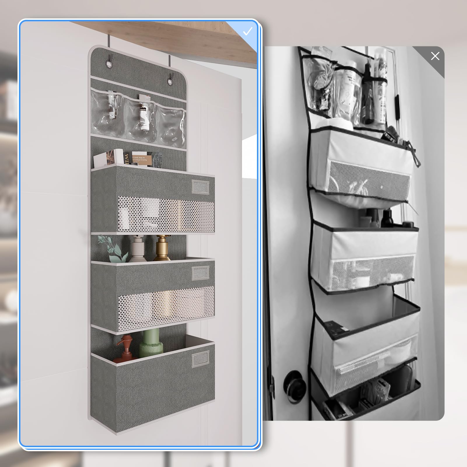 DonYeco Over The Door Hanging Organizer - 6 Pockets for Daily Essentials Storage, Fixing Stickers and Blank Index Cards Included, 39" x 5" x 14.6", Non-woven Fabric, Grey