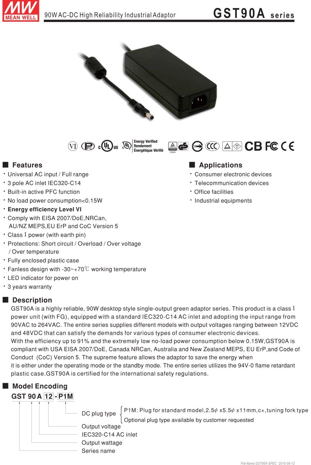 MEAN WELL original GST90A12-P1M 12V 6.67A meanwell GST90A 12V 80W AC-DC High Reliability Industrial Adaptor