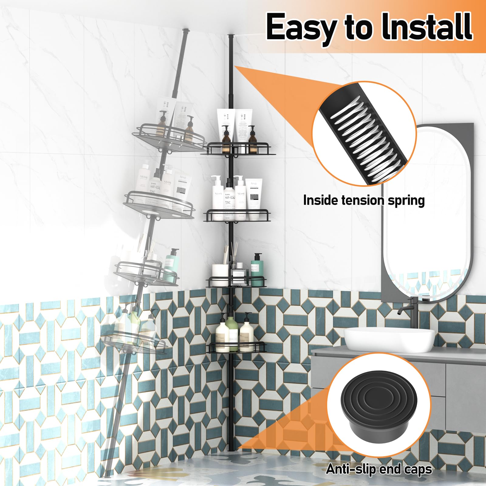 KVKVMO Corner Shower Caddy Tension Pole - Rustproof & Waterproof Shower Organizer Corner, 4-Tier Adjustable Bathroom Shower Rack from 48-115 Inches, for Bathroom and Bathtub