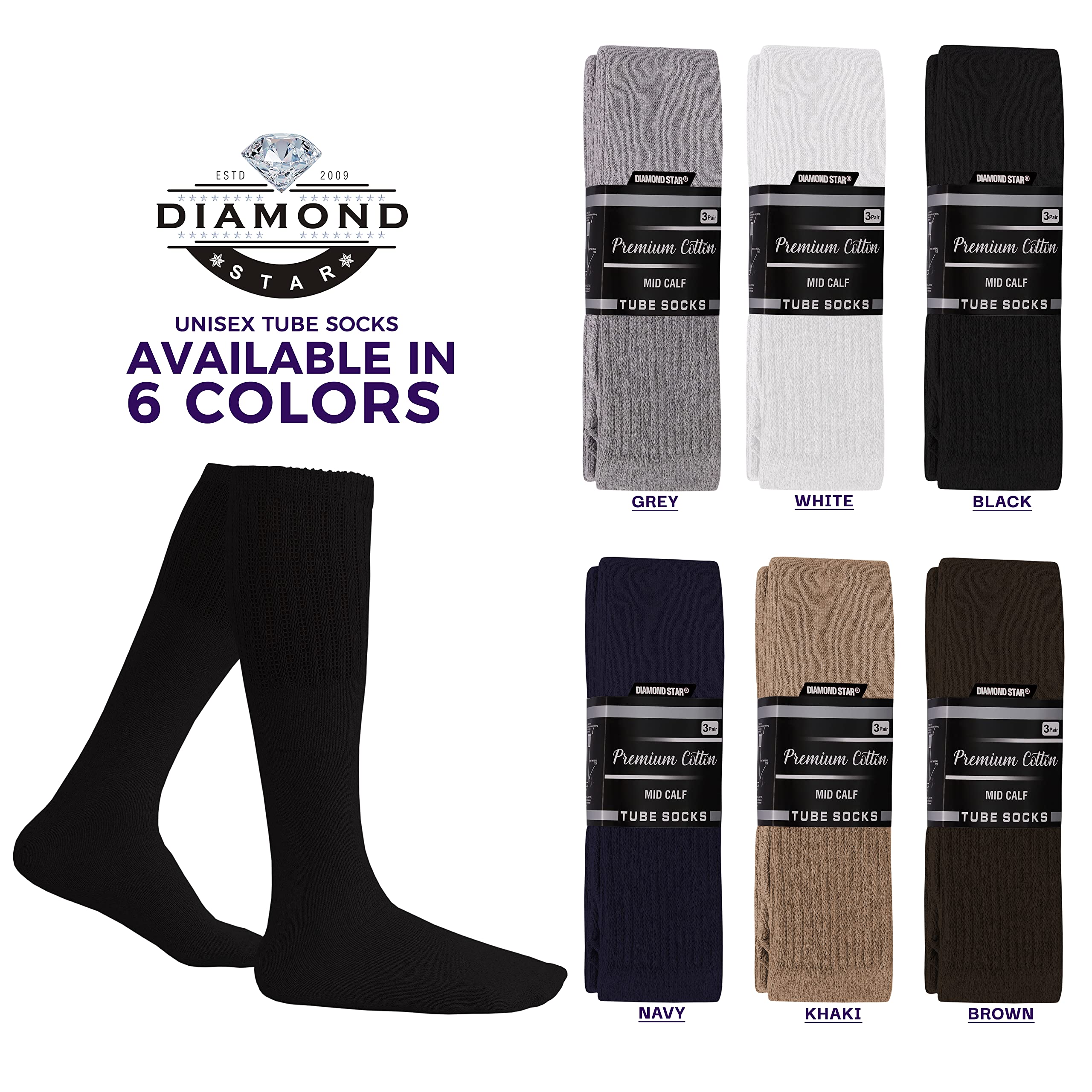 Diamond Star Men's 6 Pack Athletic Tube Socks Running Sports Over The Calf Cushioned Premium Soft Cotton Big and Tall (Black)