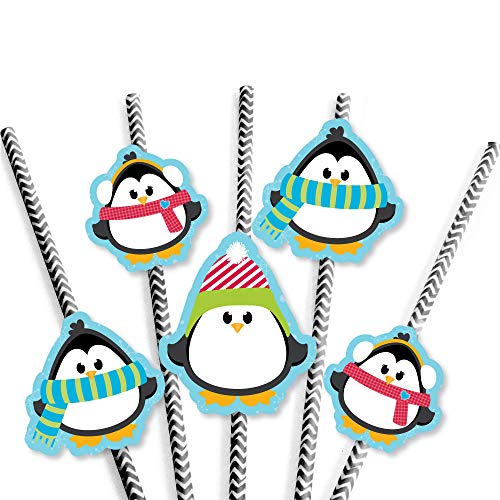 Holly Jolly Penguin Paper Straw Decor - Holiday & Christmas Striped Decorative Straws - Set of 24
