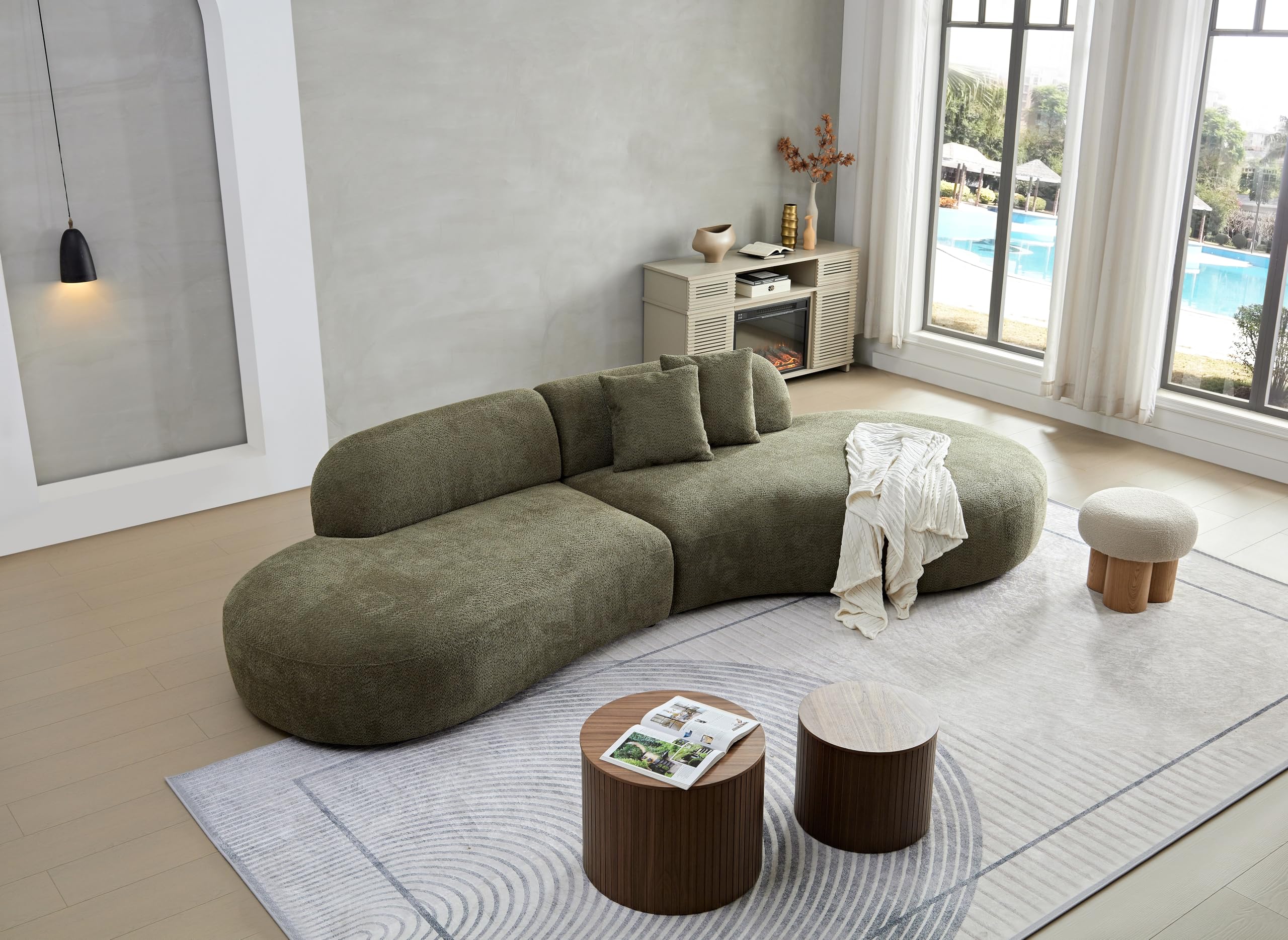 LETBASK 135.4" Curved Sectional Sofa,Oversized Modular Chaise Longue,6-Seat Boucle Fabric Couch with Pillows for Living Room,Apartment,Office (Green+Right-Facing)