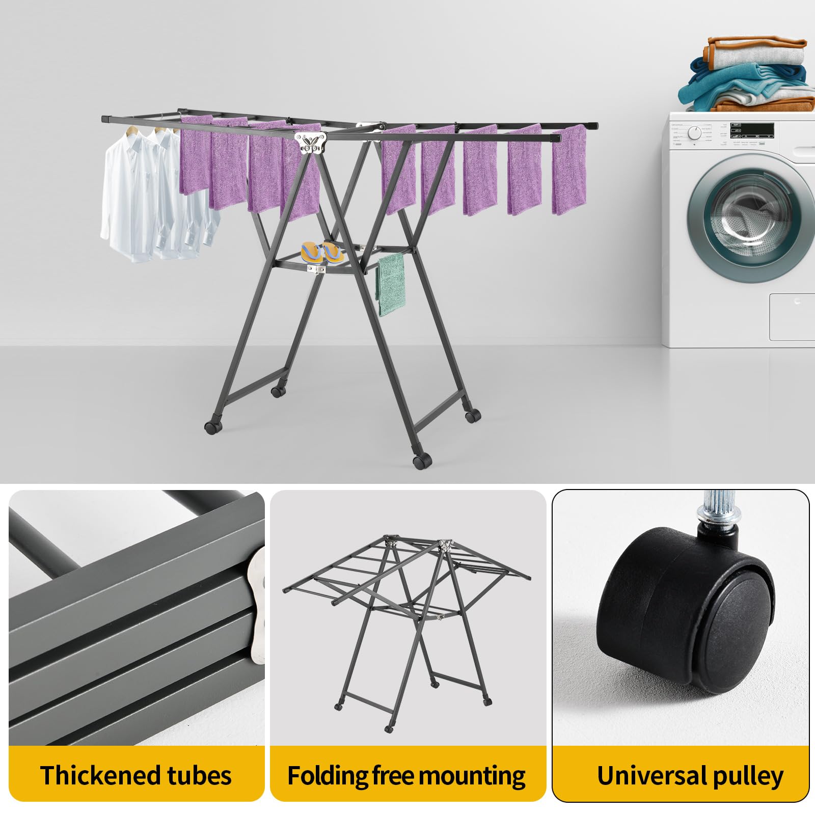 Mean Yeah Folding Clothes Drying Rack 2-Tier, Large Laundry Drying Rack with Height-Adjustable Wings, Indoor Outdoor Collapsible Foldable Clothes Drying Rack, with 4 Castors,Easy to Fold - Grey