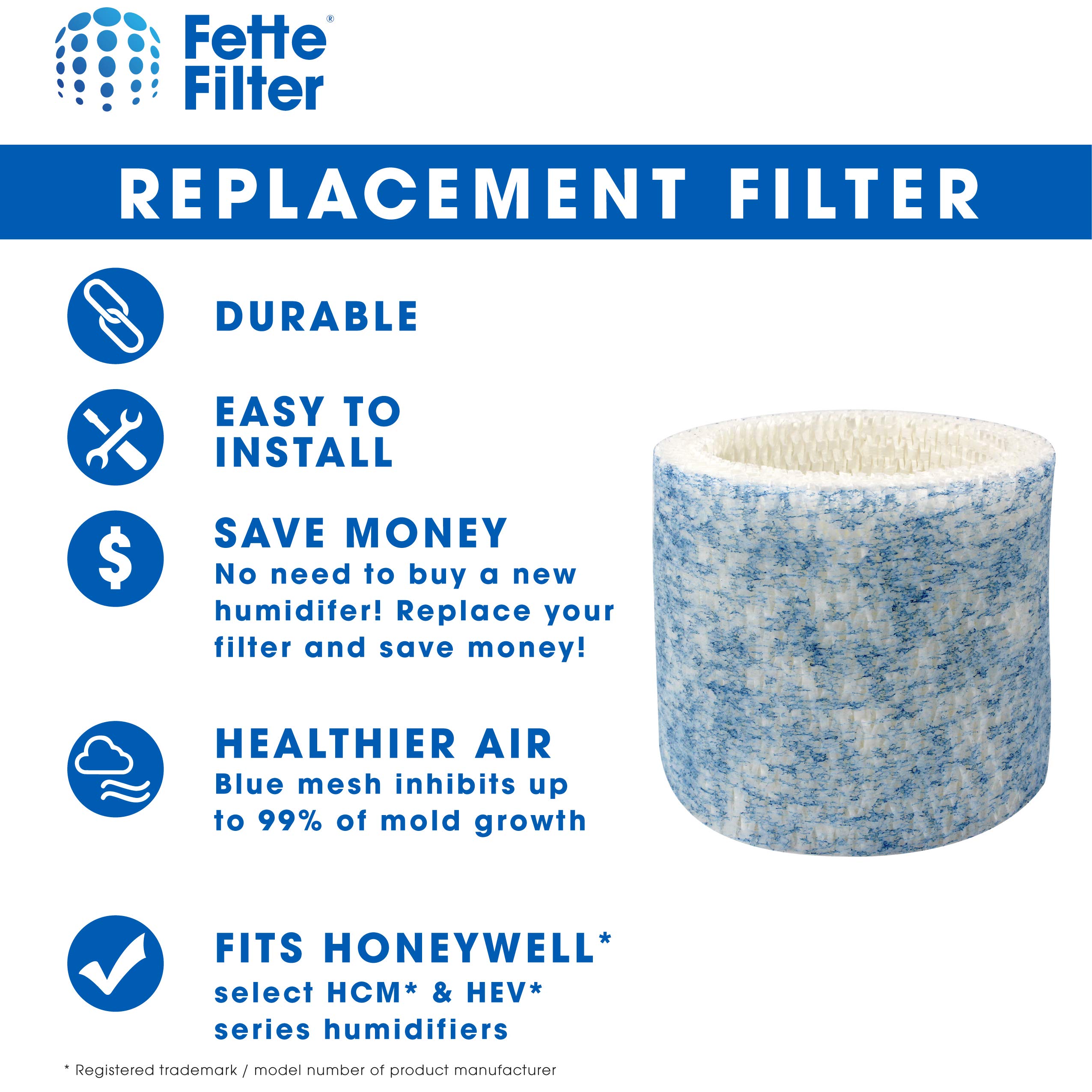 Fette Filter - Upgraded Blue Mesh Treated Layer Humidifier Wicking Filters Compatible with Honeywell HAC-504AW, Filter A for Models HAC-504, HAC-504AW, HCM 350 and Other Cool Mist Models - Pack of 4