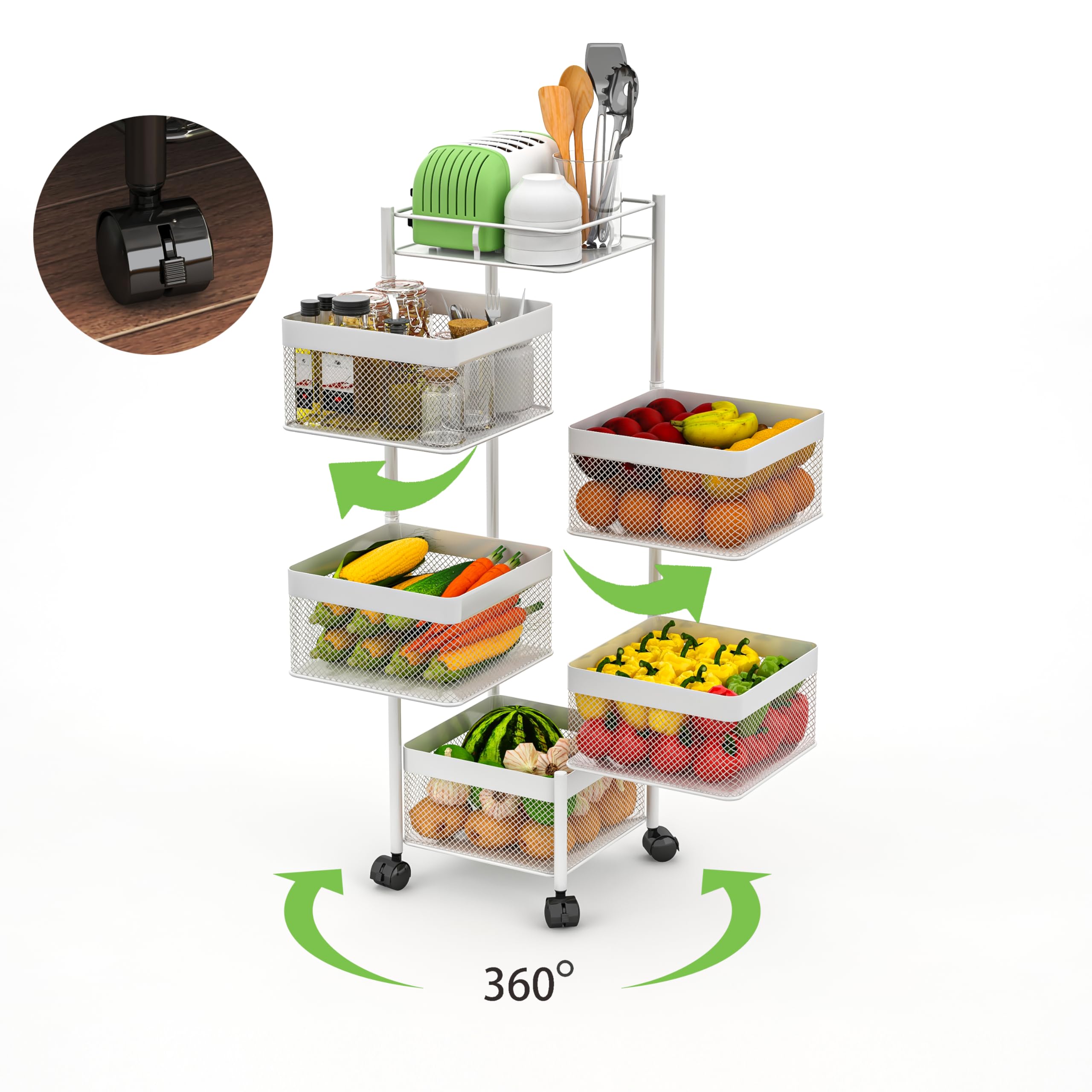 xinyourui Fruit Basket for Kitchen No Assembly,Rotating Kitchen Storage Rack,Bathroom Shelf, Organizers and Storage Cart on Rolling Wheels,Potato and Onion Storage Organizer(White, 5 Tier-Square)
