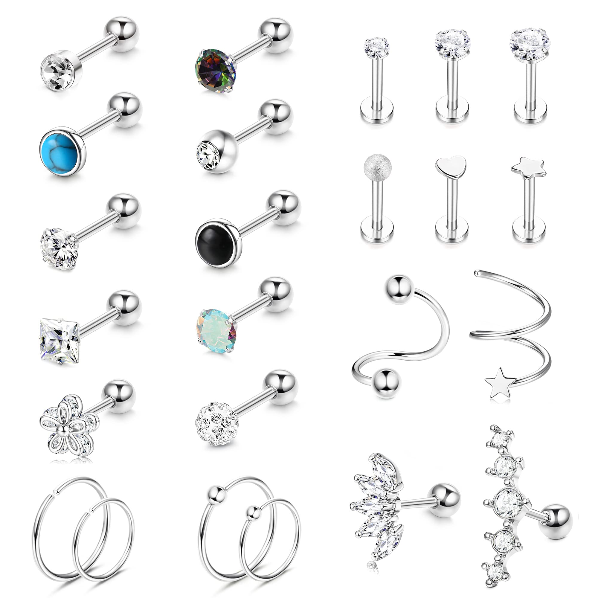 FASACCO 24Pcs Cartilage Earring for Women Men Surgical Steel Stud Earrings Set Forward Helix Earrings Small CZ Moon Star Opal Screw Back Earrings Conch Helix Tragus Piercing Jewelry Silver