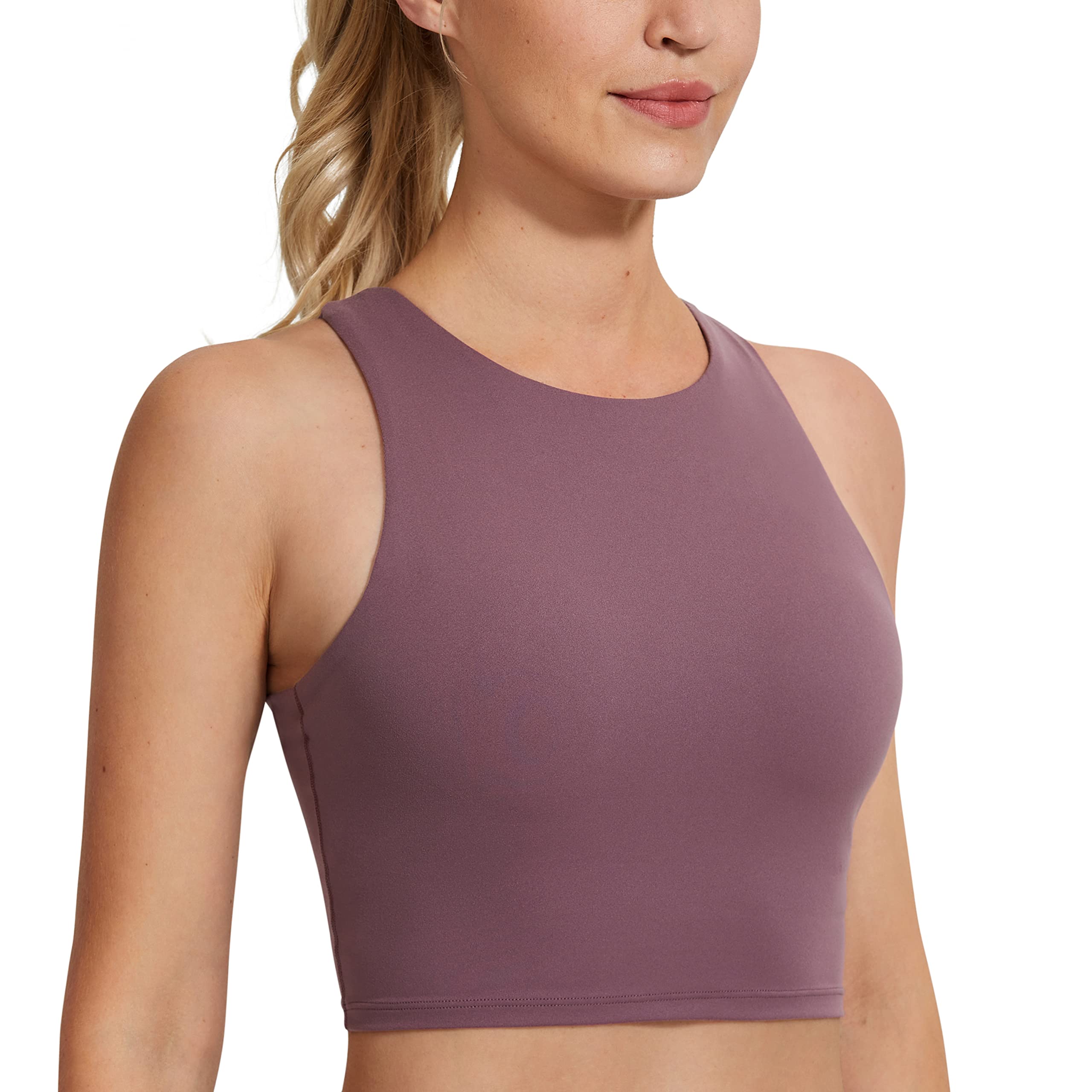 CRZ YOGA Women's High Neck Longline Sports Bra - Padded Racerback Yoga Bra Crop Tank Top with Built in Shelf Bra Antique Bark Medium
