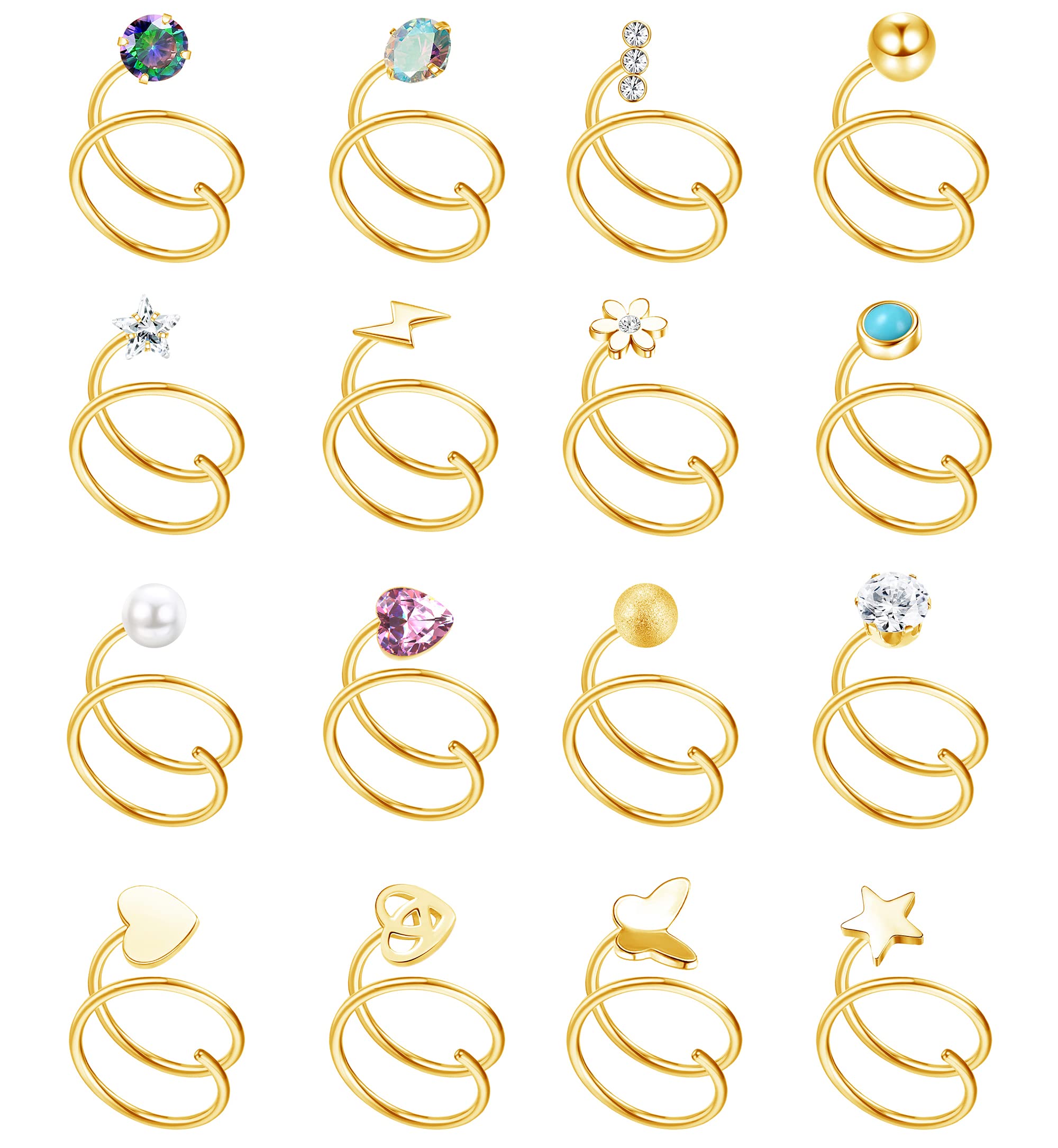 FASACCO Double Nose Ring Hoop for Single Piercing 20 Gauge Stainless Steel Nose Hoop Spiral Star Pearl CZ Butterfly Twist Nose Ring Hoops Double Hoop Earrings for Women Gold Tone