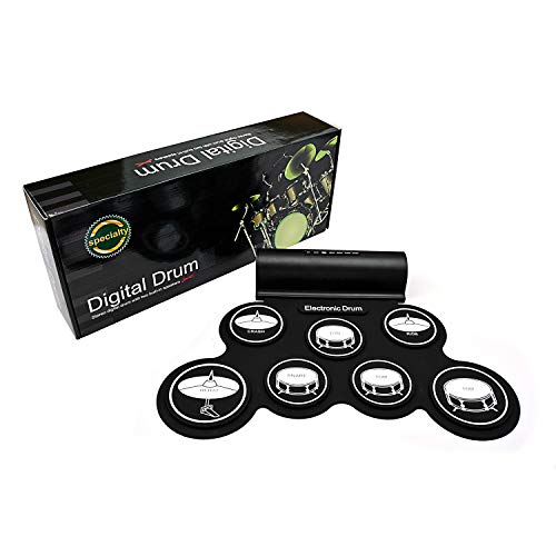 Electronic Drum Set, Roll Up Drum Practice Pad with Headphone Jack Built-In Speaker Digital Touch 7 Labeled Drum Pads 2 Foot Pedals Up to 10H Playing Time, Holiday Gift for Kids
