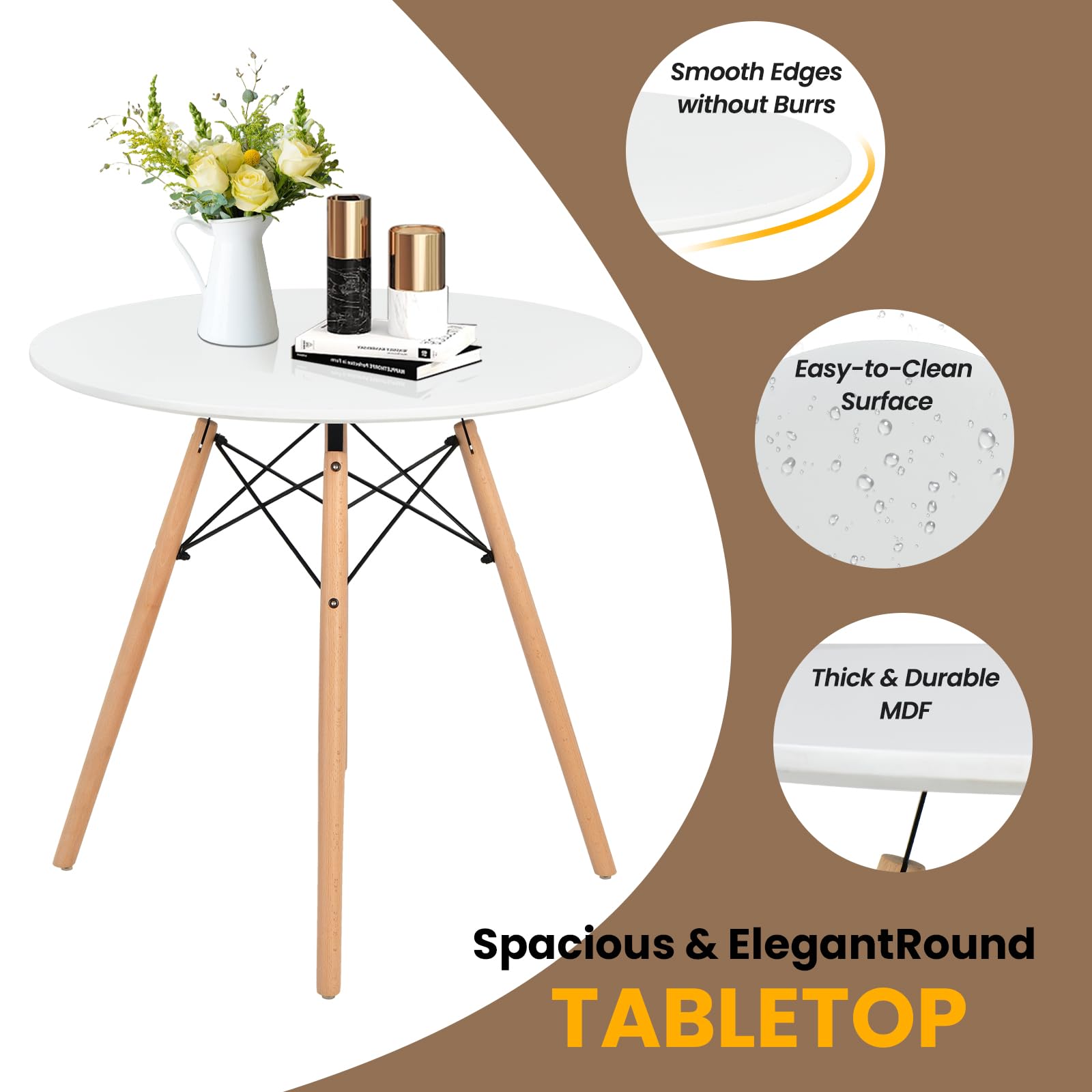LDAILY Moccha Dining Table Set for 4, 5-Piece Kitchen Table Set with Round Dining Table & 4 Chairs, Breakfast Set with Solid Wood Legs, Modern Space-Saving Dinette Set for Dining Room, Kitchen, White