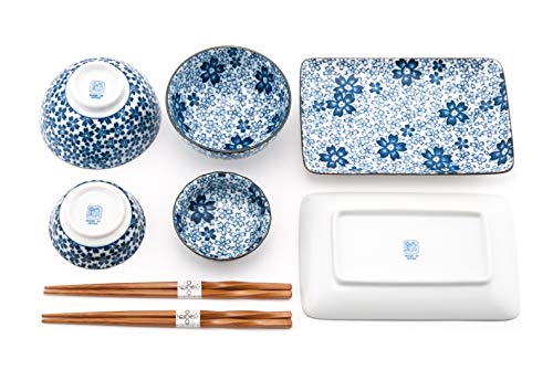 Fuji Merchandise Nippon Blue Sakura Cherry Blossoms Sushi Dinnerware 6pc Set for Two Including Plate Sauce Bowls and Rice Bowl with Chopsticks Made in Japan