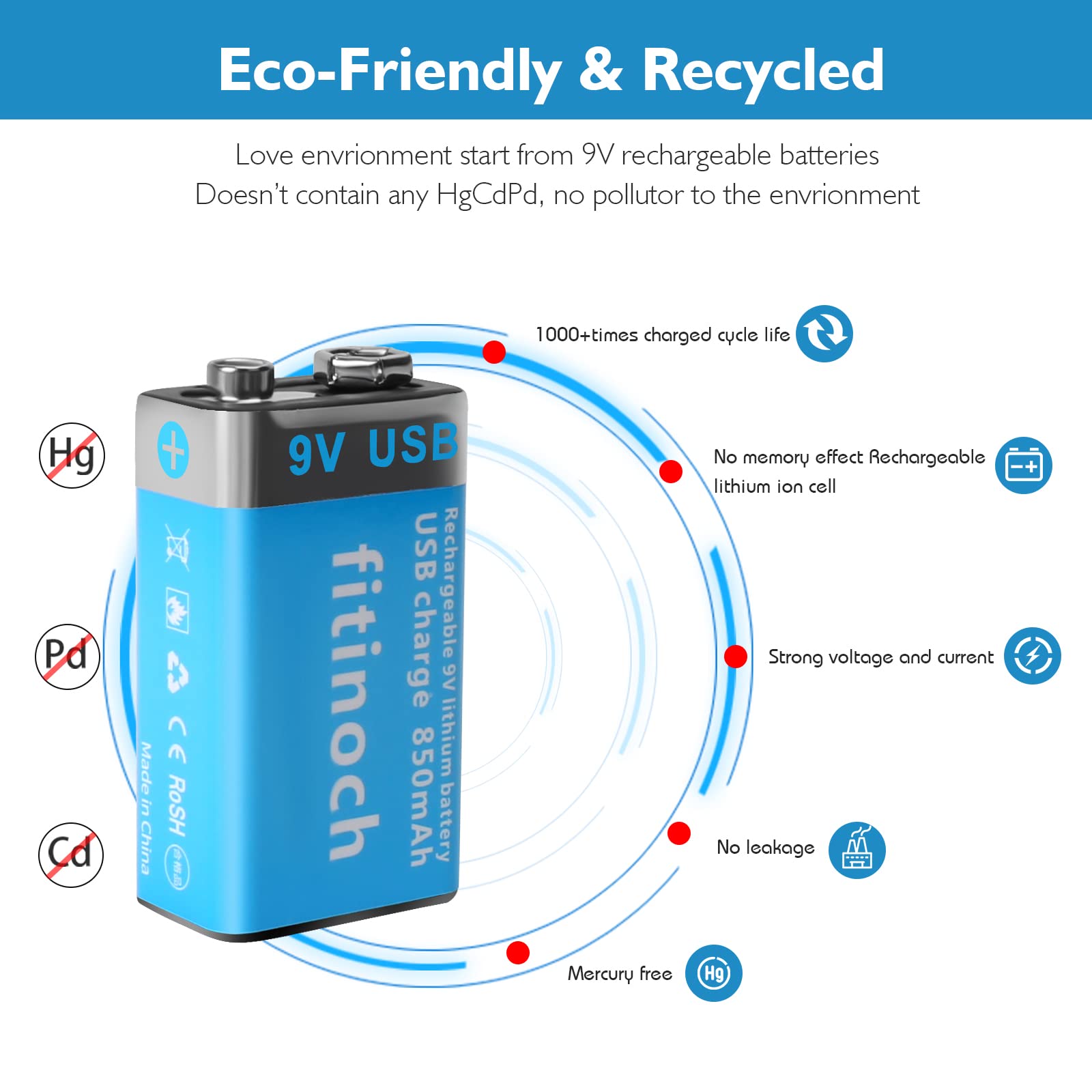 Fitinoch Rechargeable 9V Lithium USB Battery 850mAh with 4 in 1 Charge Cable, 9 Volt Battery 6f22 for Smoke Detector Alarms (4 Pack)