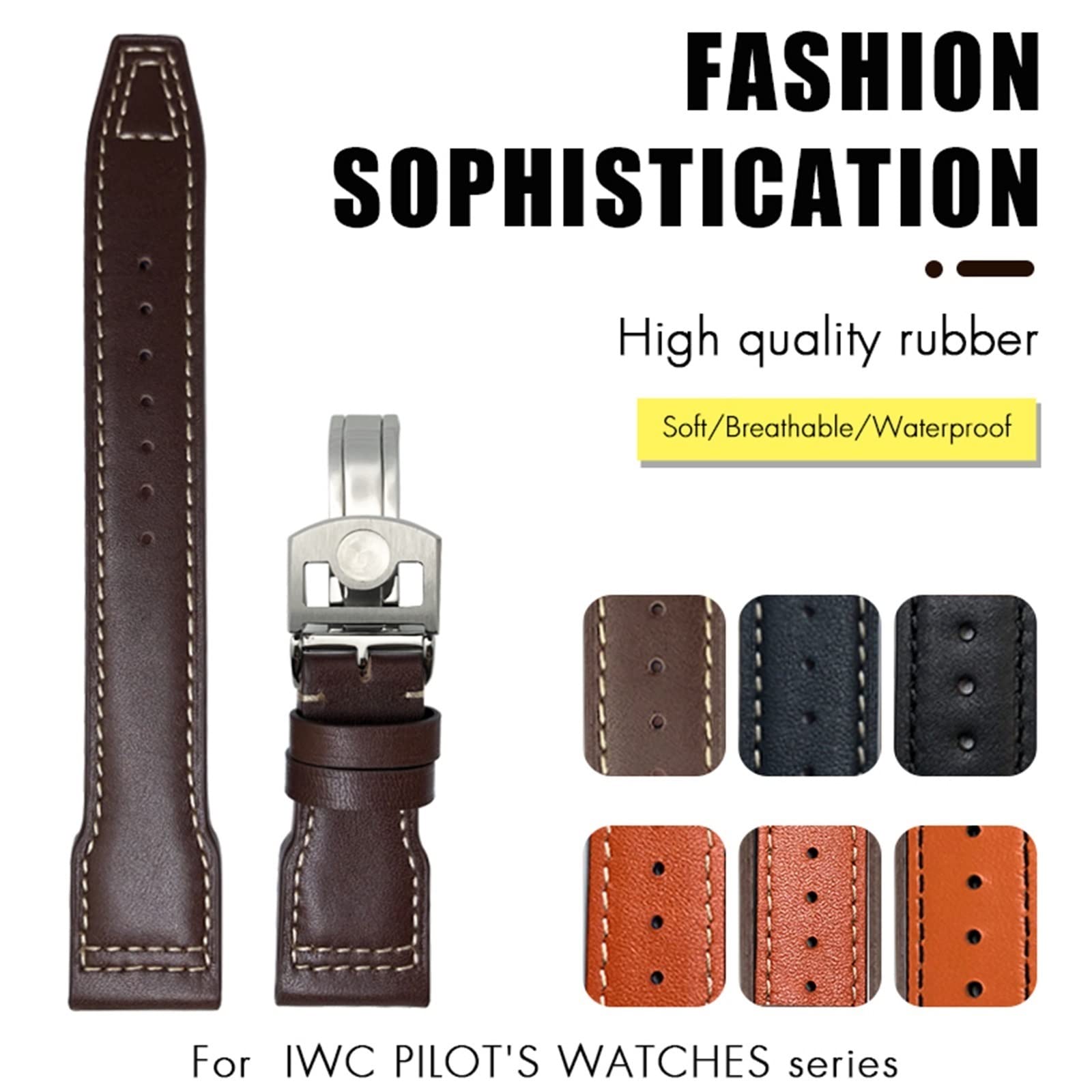 EKINS 20mm Genuine Leather Watchband For IWC Big Pilot Watch Mark 18 Spitfire TOP GUN Hamilton Cowhide Soft Watch Strap (Color : Black Black Rivet 2, Size : Rose Buckle)