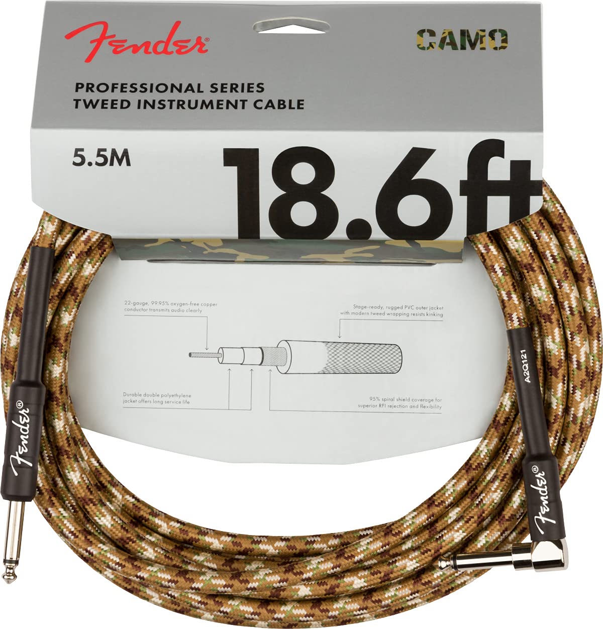Fender 18.6-Foot Professional Instrument Cable, Straight-Angle, Black - 1 Pack