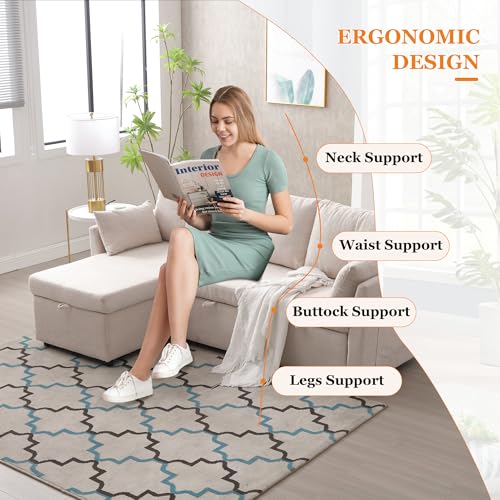 KYLE & KAY Convertible Sleeper Sofa Bed, L-Shaped Sectional Couch with Storage Chaise, Pull-Out Modular Chenille Sofa Bed for Small Apartments,Living Room and Office, Beige