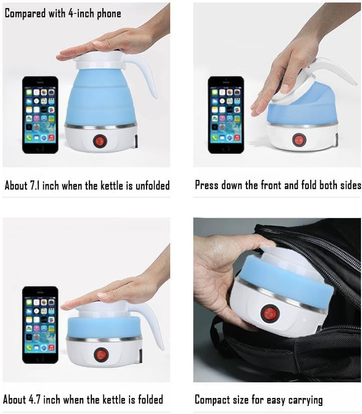 Foldable Electric Travel Kettle - Portable and Convenient Silicone Collapsible Water Boiler and Tea Pot for Camping - Easy Storage with Detachable Power Cord (Blue)