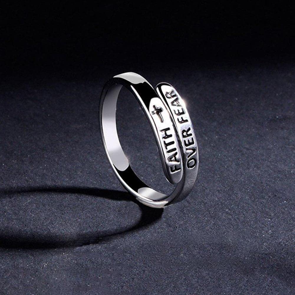 Faith Over Fear Ring,Sterling Silver Adjustable Wrap Open Ring,Women Teens Inspirational Jewelry Gifts