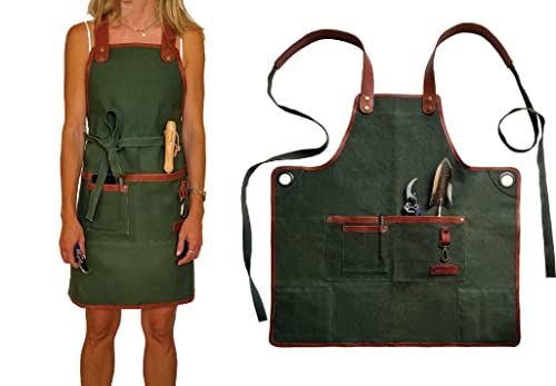 Garden Apron for Women Men, Gardening Apron with Pockets and Adjustable Leather Straps, Canvas Waist Kitchen Apron for Harvesting Weeding Gardening Cooking Baking, Gardener Gift Idea