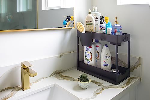 evismo 2-Tier Under Sink Organizer, Bathroom & Kitchen Multipurpose Cabinet Storage, with Pull-out Sliding Drawer, Hooks & Hanging Cups, Adjustable Height, Cabinet Organizer, Black
