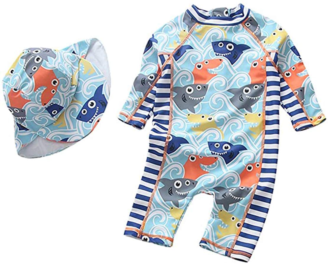 SWMSTUPF Baby Boys Toddlers Swimsuit One Piece Kids Zipper Bathing Suit Swimwear with Hat Rash Guard Surfing Suit UPF 50+(Blue,6-9Months), 6-9 Months