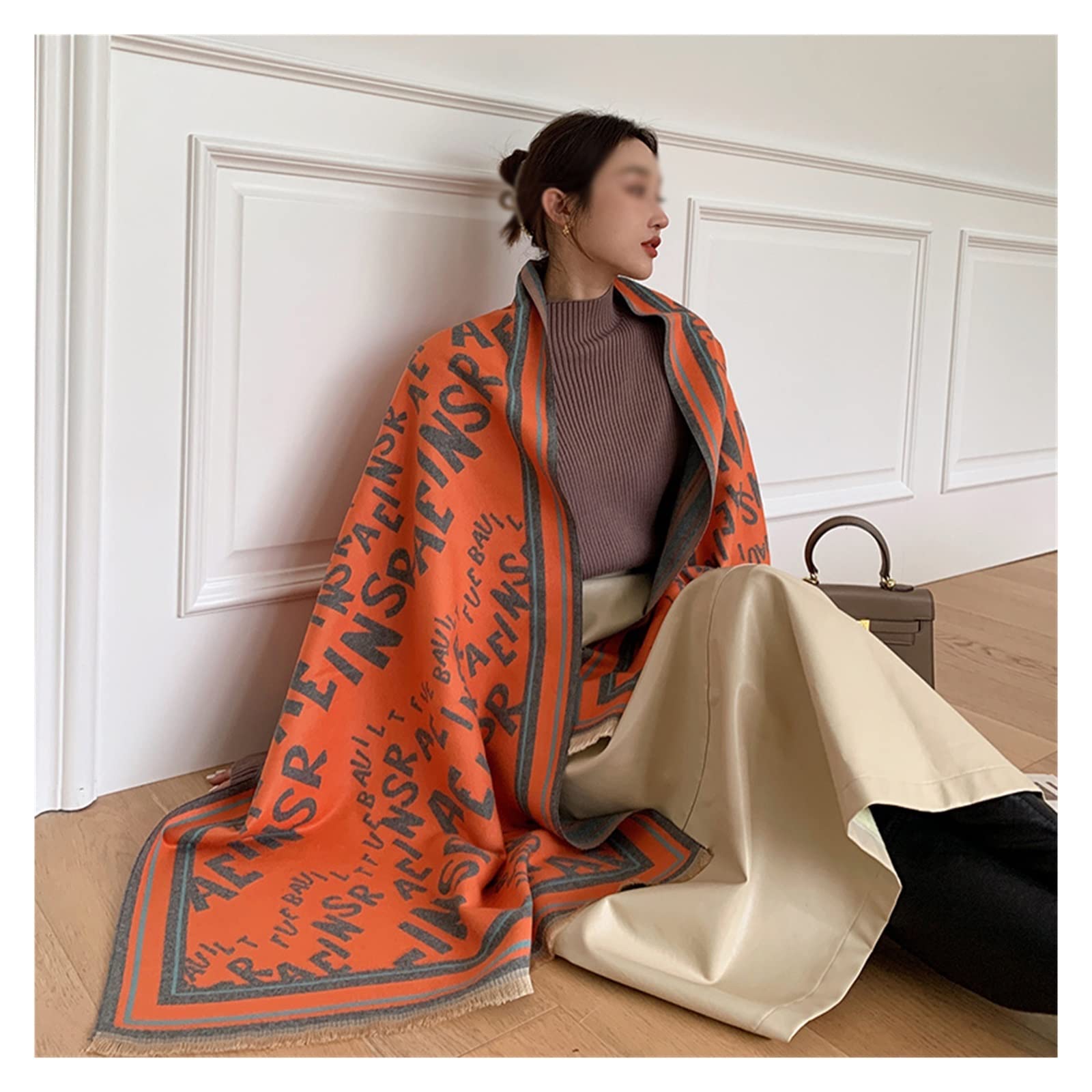 GPPZM Winter Scarf Women Soft Border Letters Scarves Wraps Thick Long Shawl Stoles Hijabs (Color : A, Size : One Size)