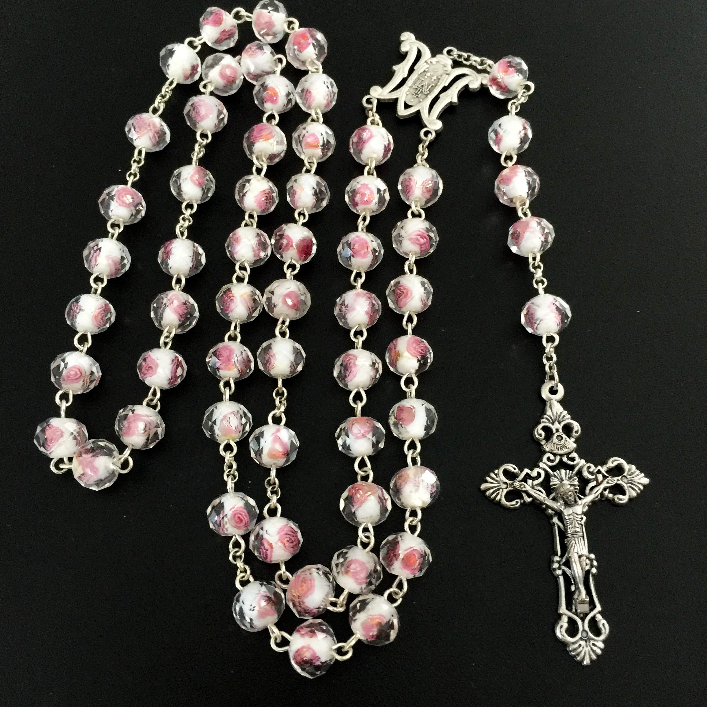 elegantmedical Handmade ROSE PINK Veluriyam ROSE BEADS ROSARY & ITALY CROSS MEDAL Catholic necklace GIFT BOX