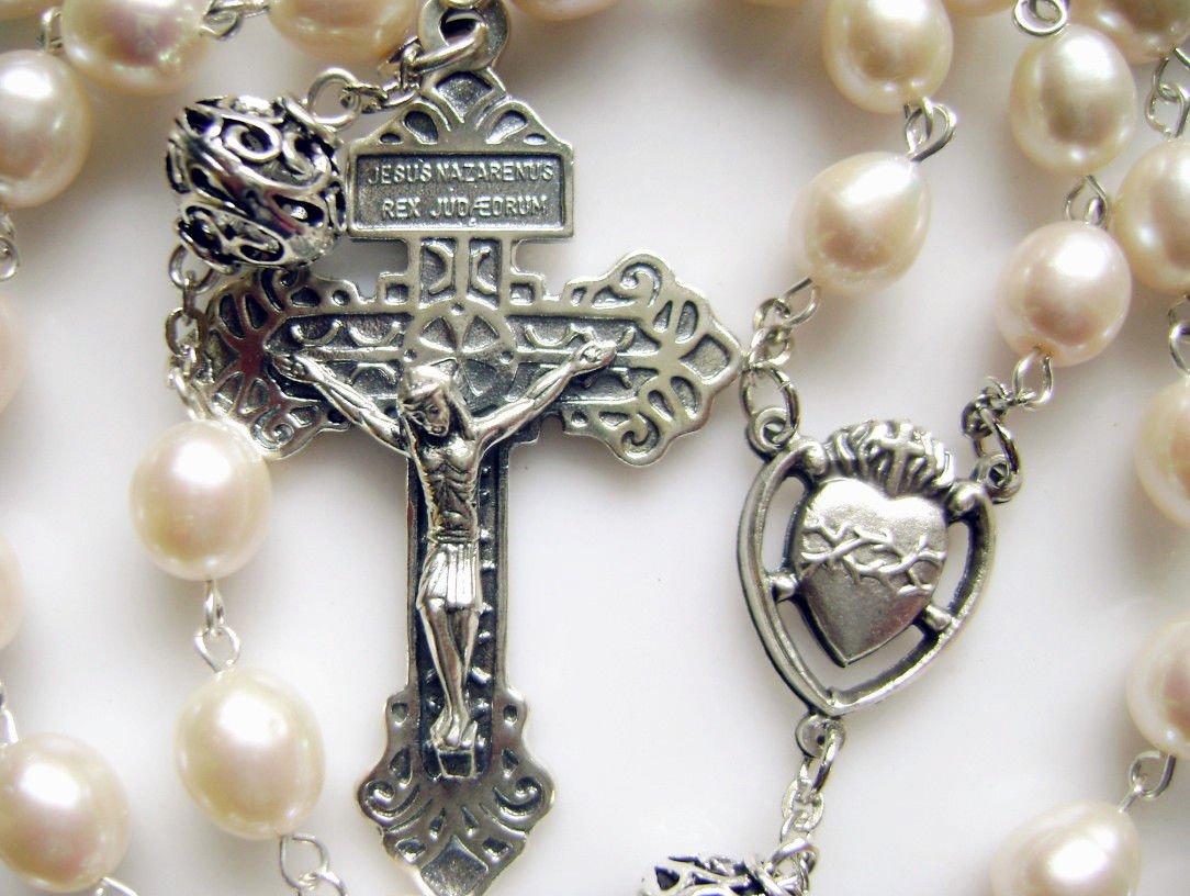 elegantmedical Bali 925 Sterling Silver 8-9mm Real Pearl Beads Catholic Rosary NECKLACE Cross