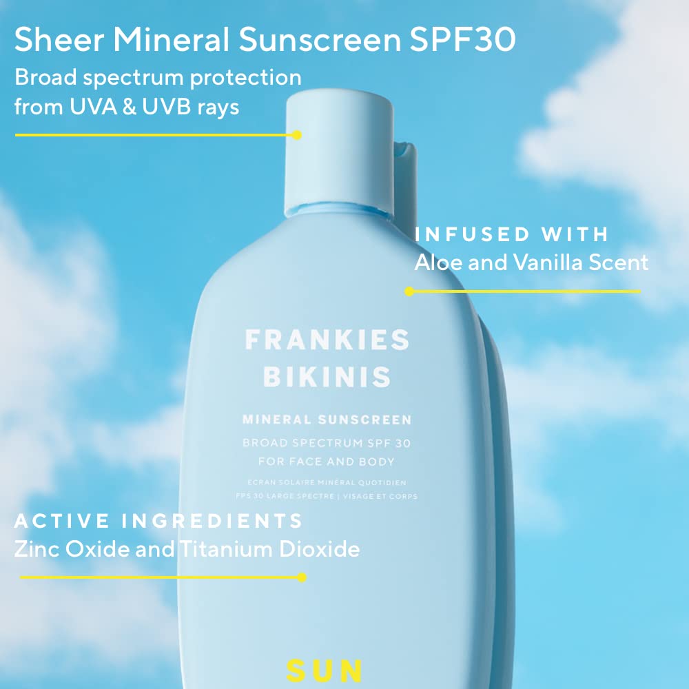 Frankies Bikinis Mineral Sunscreen SPF 30, Transparent Coral Reef Safe Body & Face Sunblock, Non-Nano Zinc Oxide Based Sunscreen Lotion, Broad Spectrum Physical Solar Skin Protector Vegan, 5 Fl Ounces