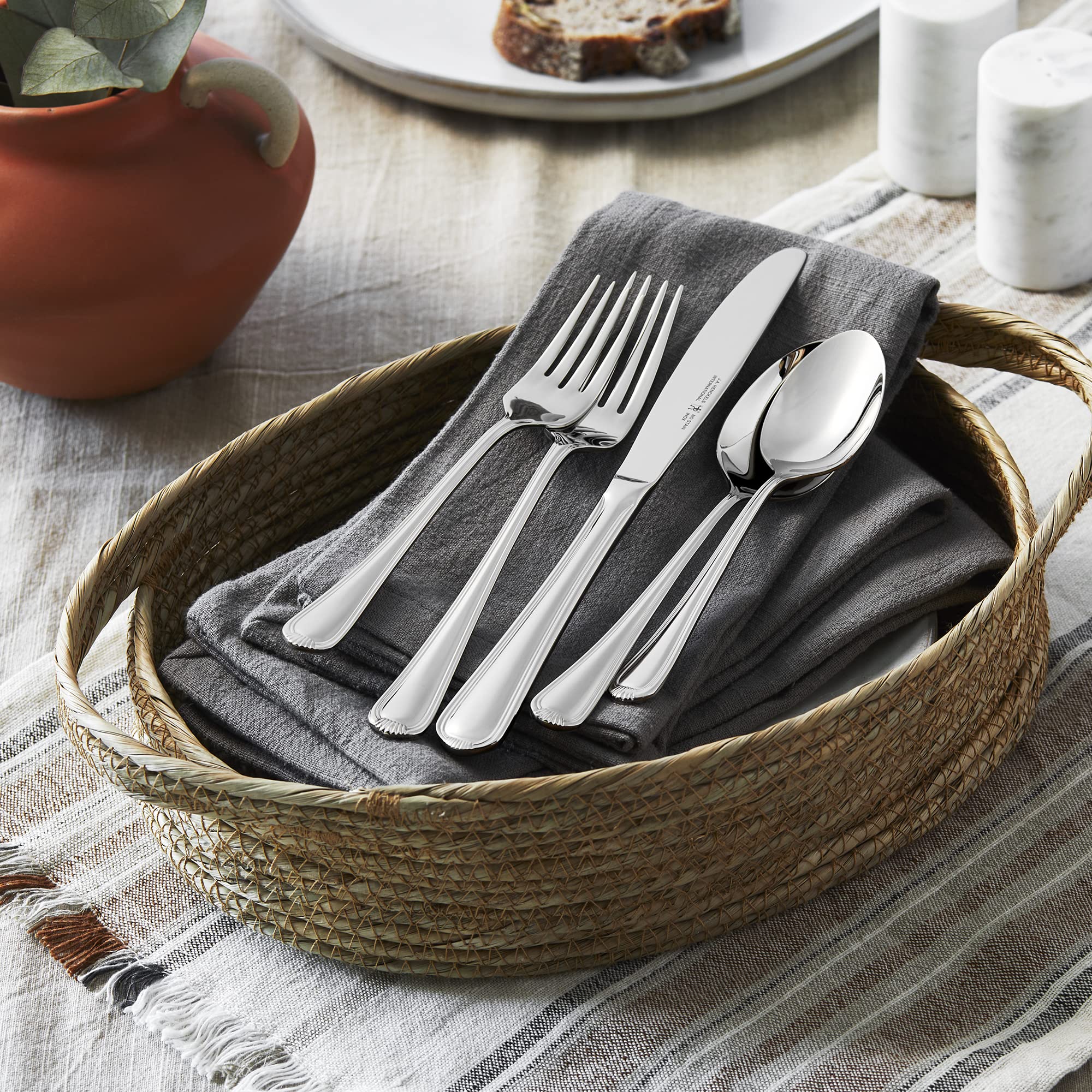 HENCKELS Alcea Flatware Set, 65-Piece, Silver & Steak Knife Set of 8, Stainless Steel Knife Set, Silver