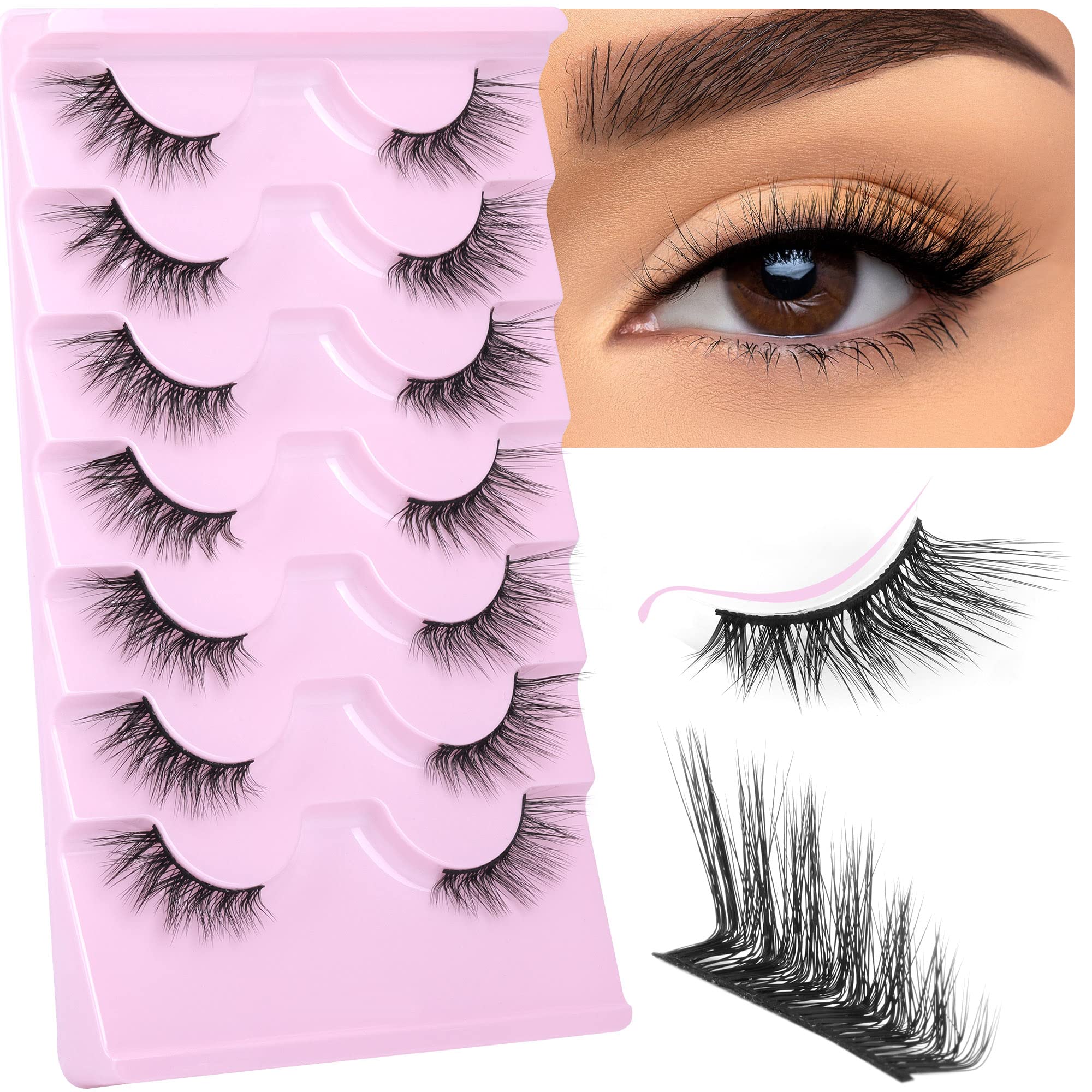 L Curl Lashes Strip Half Lashes Natural Look False Eyelashes Wispy 3D Fluffy Fake Eyelashes Strip Cat Eye Lashes Pack 7 Pairs Reusable Lashes that Look Like Extensions
