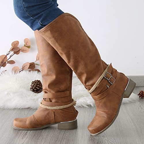 FASDNENDYS Boots for Women Ankle Booties Womens Shoes Square Toe Belt Buckle Back Zipper Chunky Heel Short Mud Boots Brown