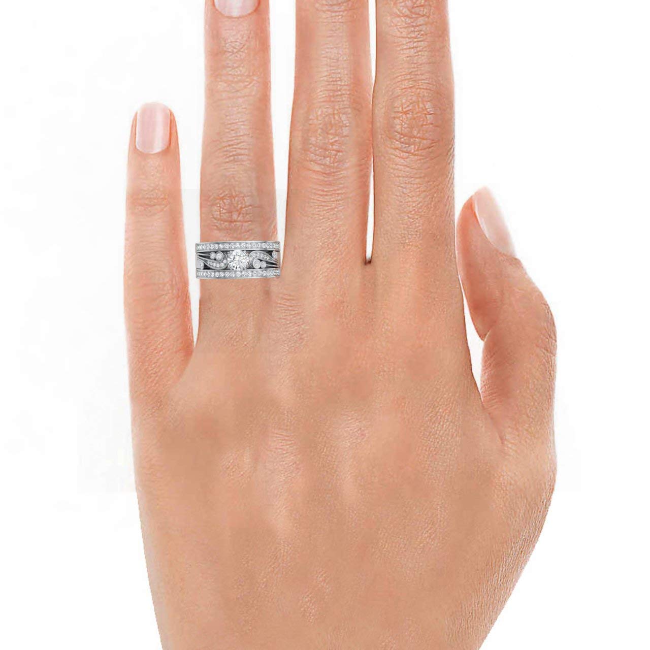 Diamondere Certified Moissanite and Diamond Engagement Ring Set in 14K White Gold | 0.98 Carat Trio Wedding Ring Sets, US Size 7