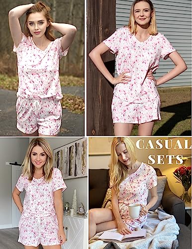 Ekouaer Women's Pajamas Sets Short Sleeve Lounge Sets Sleepwear Casual Two Piece Pjs With Pockets Pink Butterfly Large