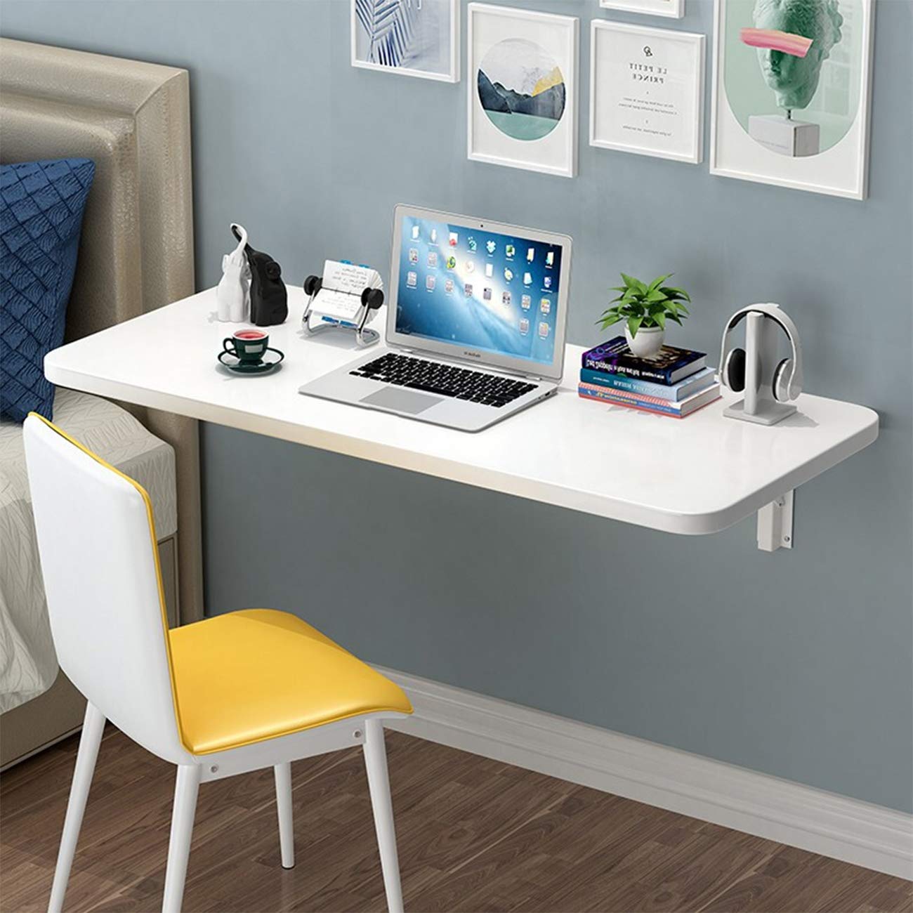 Folding Wall Mounted Desk Small Wall Drop-Leaf Table, White Wood Fold Down Industrial Style Laptop PC Computer Desk Bookshelf Floating Shelves for Home Office, Laundry, Bar, Kitchen, Dining Room