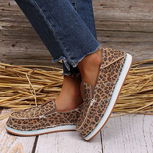 FASDNENDYS Breathable Comfortable Casual Single Print Shoes Toe Leopard Women Round Slip On Flat Women's Shoes Women Leather