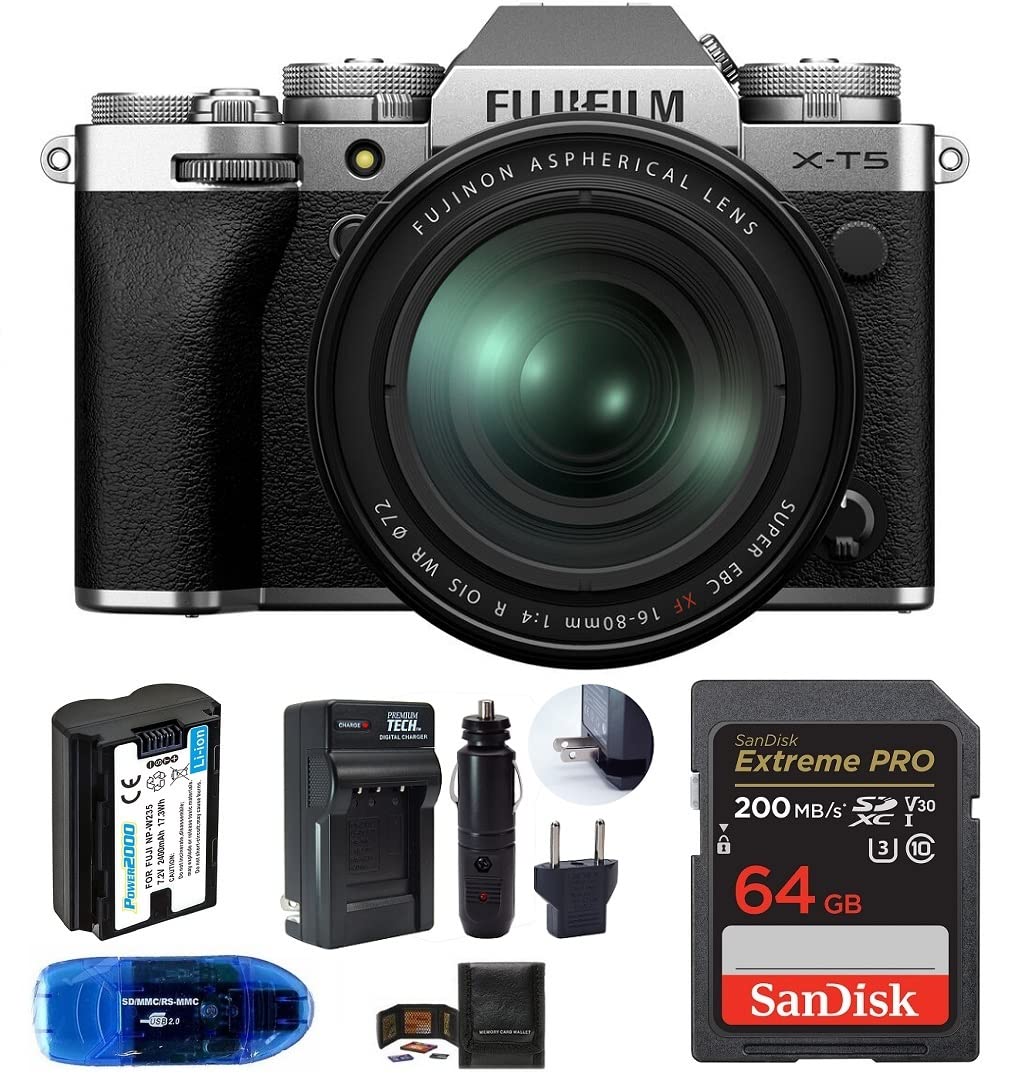 Fujifilm X-T5 Mirrorless Digital Camera with XF 16-80mm f/4 R OIS WR Lens Bundle, Includes: SanDisk 64GB Extreme PRO SDXC Memory Card, Spare Battery + More (6 Items) (Silver)
