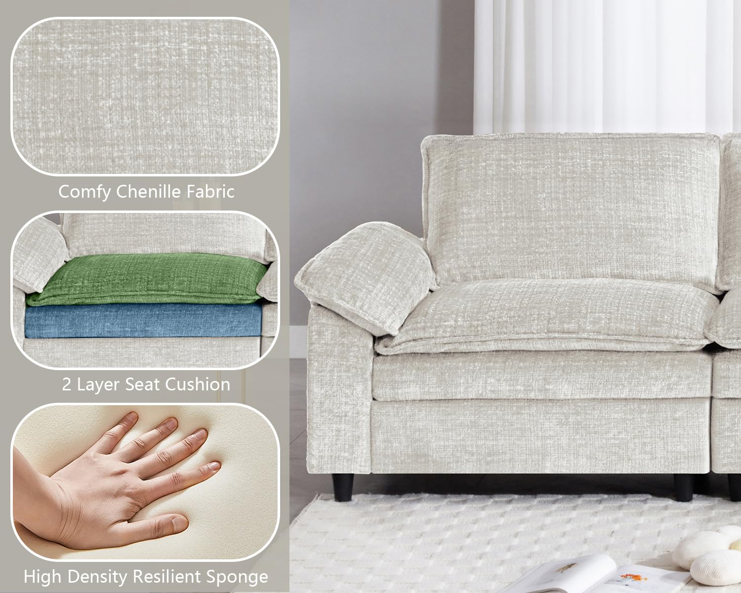 L Shaped Sofa Cloud Couch with Ottoman, 96" Modular Sectional Sofa for Living Room, 4 Seater Green Velvet Sofa Small Sectional Couch for Small Space Apartment Office