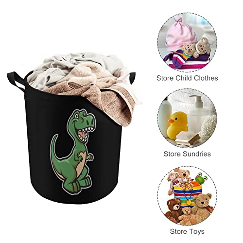 Happy Dinosaur Cartoon Laundry Basket Round Collapsible Storage Bin with Drawstring and Handle for Bedroom Bathroom Toys Room 17.3" X 13.8"